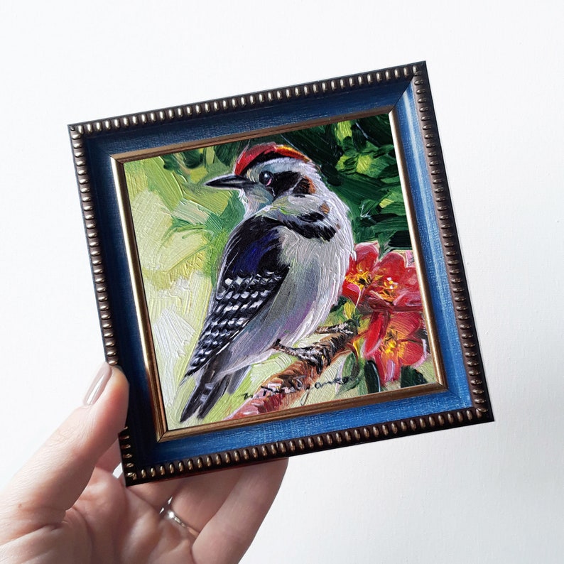 Bird Oil Painting Original 4x4 Small Wall Art Decor, Woodpecker Bird on ...