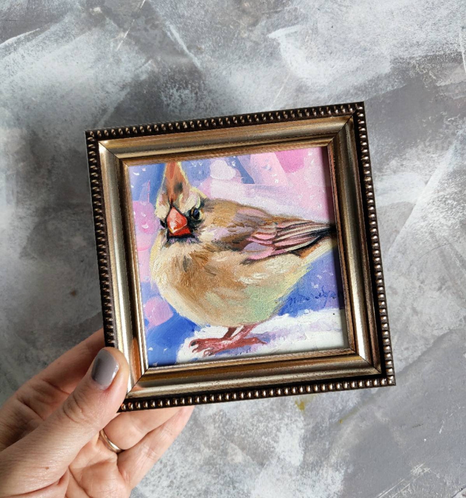 Cardinal Bird Art Painting Original, Christmas Gift Small Picture Frame ...