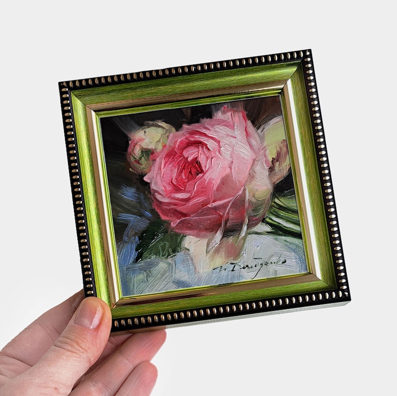 Rose Painting Original Pink Art 4x4, Small Oil Painting Flower Vibrant ...