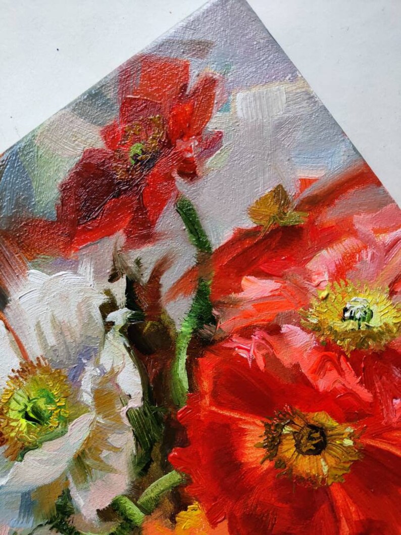 Poppy painting original art on canvas 8x8 Red flower oil | Etsy