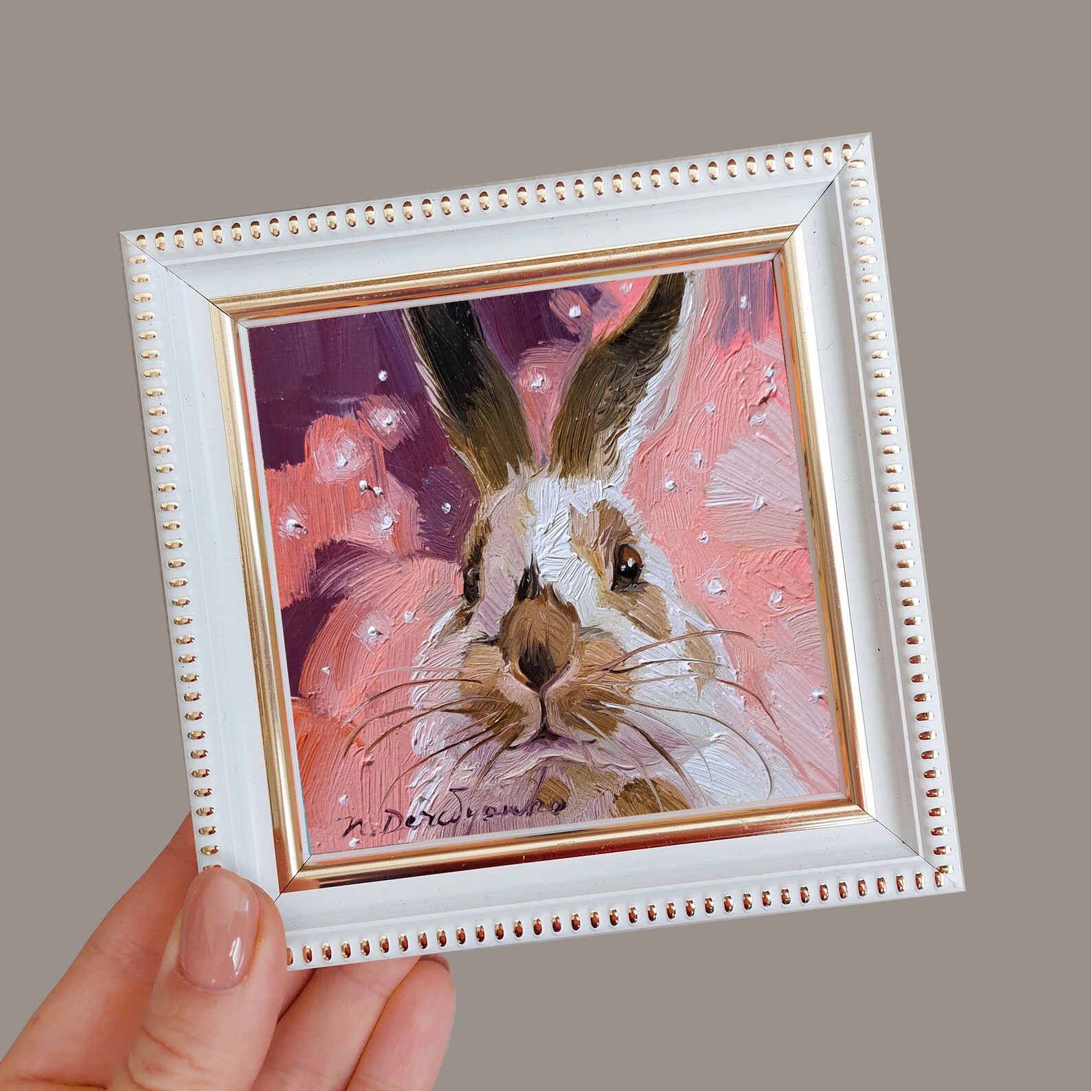 Beige White Rabbit Painting Original Pink Backgroung Art - Etsy
