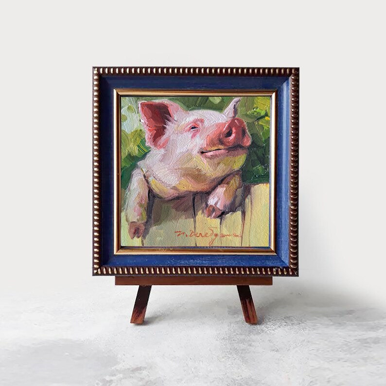 Pig Oil Painting Original Artwork 4x4, Small Frame Art, Nursery Wall ...
