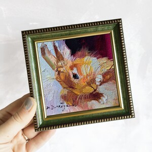 Cute Rabbit Painting Original Oil Art Framed 4x4, Small Framed Art Girl ...