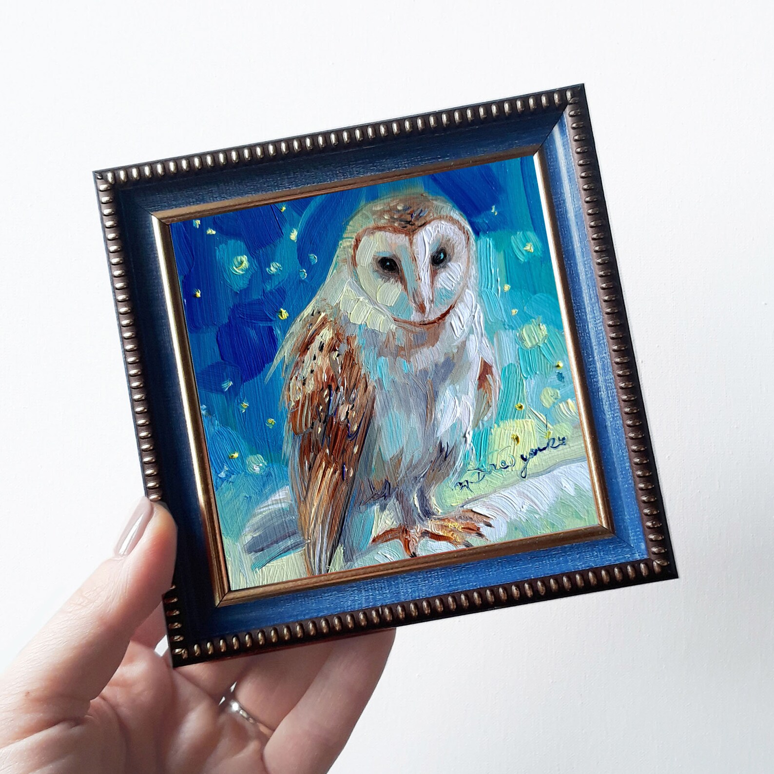 Gufo Uccello Dipinto Originale 4x4 Pollici Piccola Opera D'arte ...
