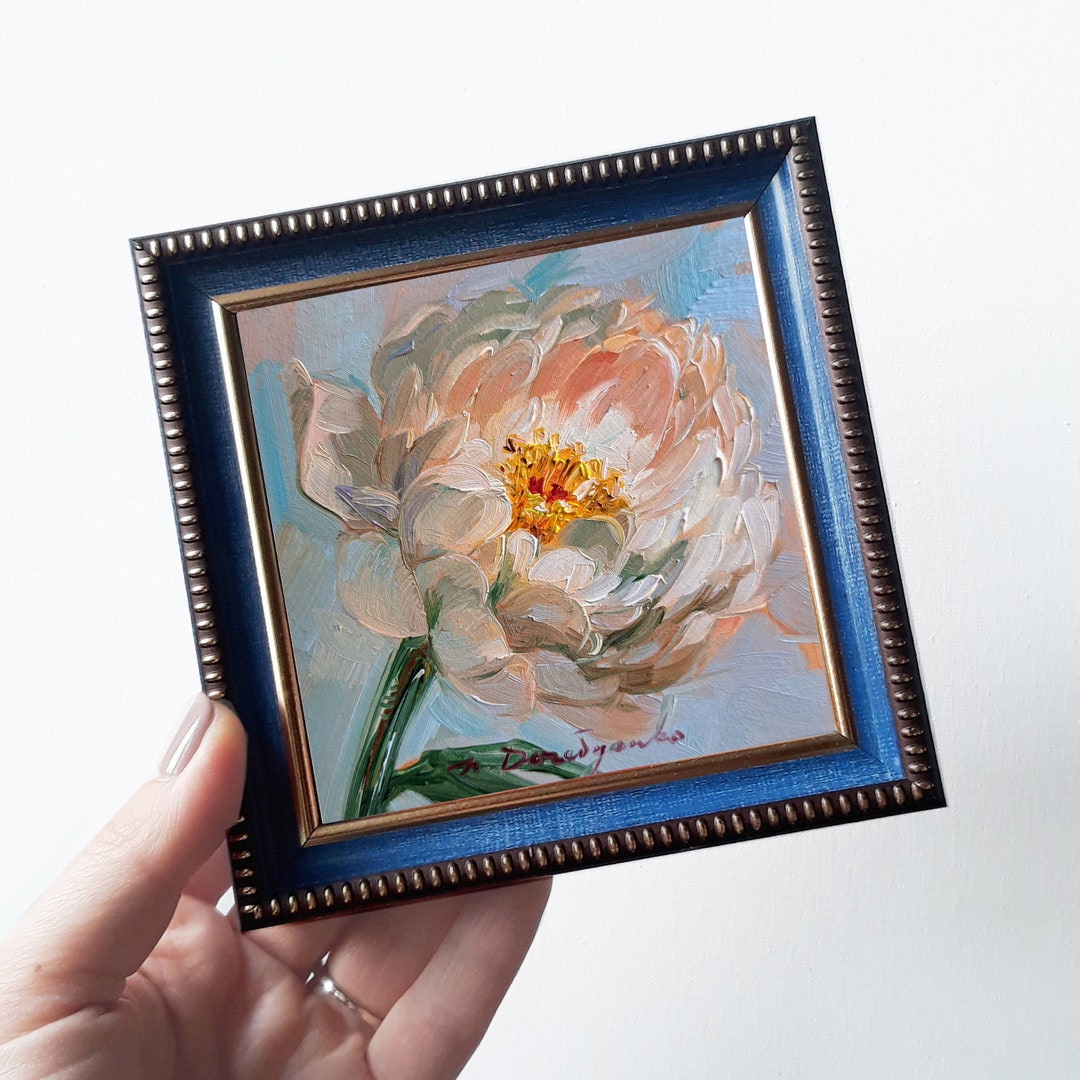Unique Peony White Oil Painting Original Framed, Miniature Peony Wall ...