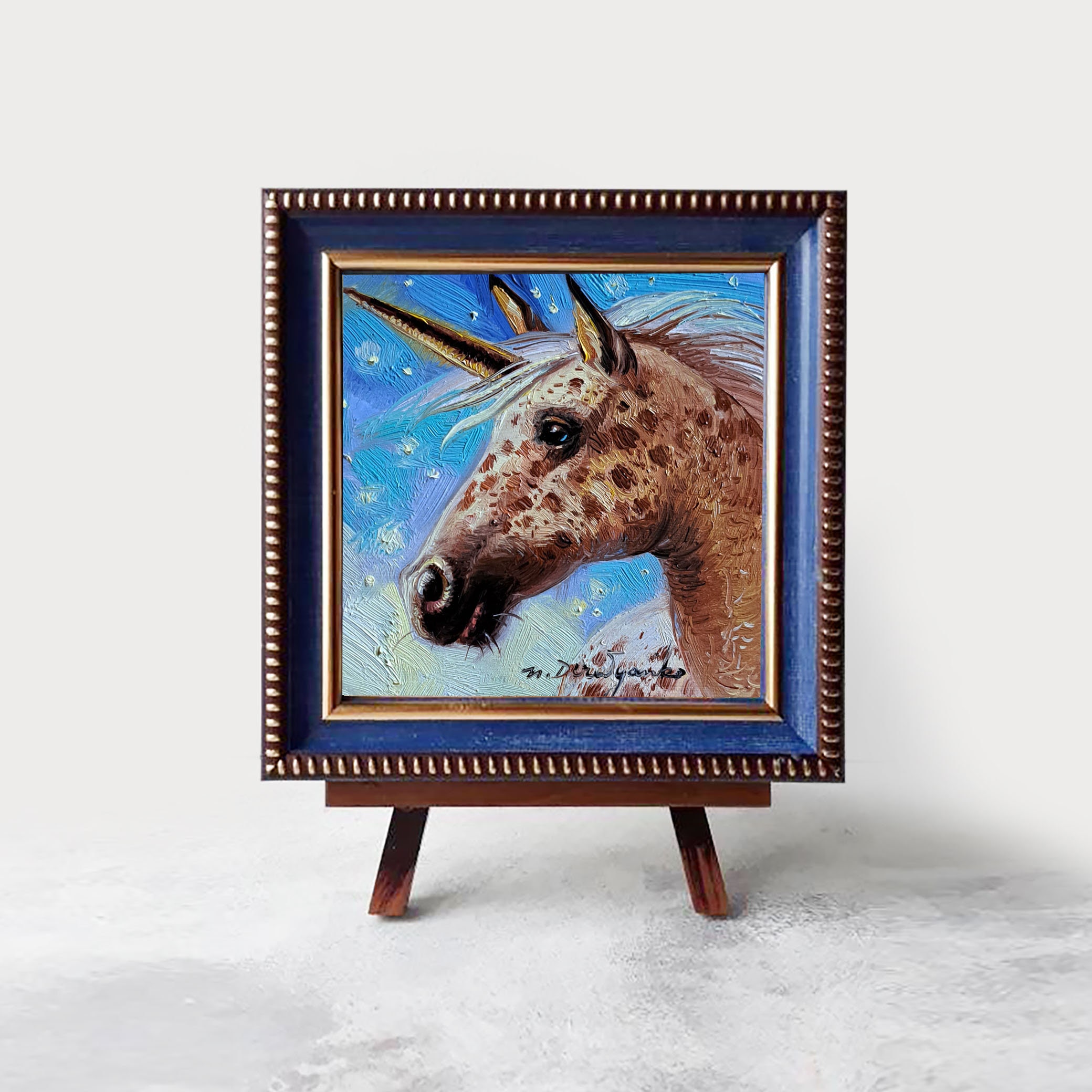 Unicorn Oil Painting Original, Small Animal Painting 4x4 Framed Artwork ...