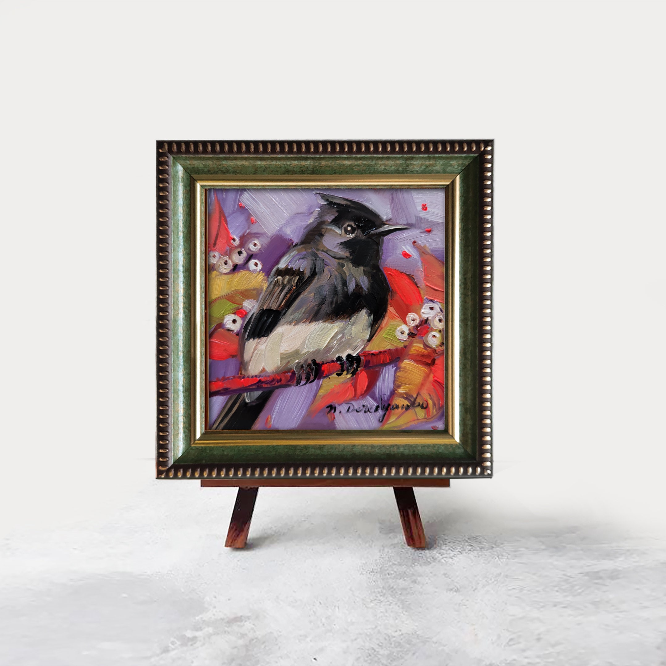 ORIGINAL mini oil painting Black Phoebe on branch bird wall | Etsy
