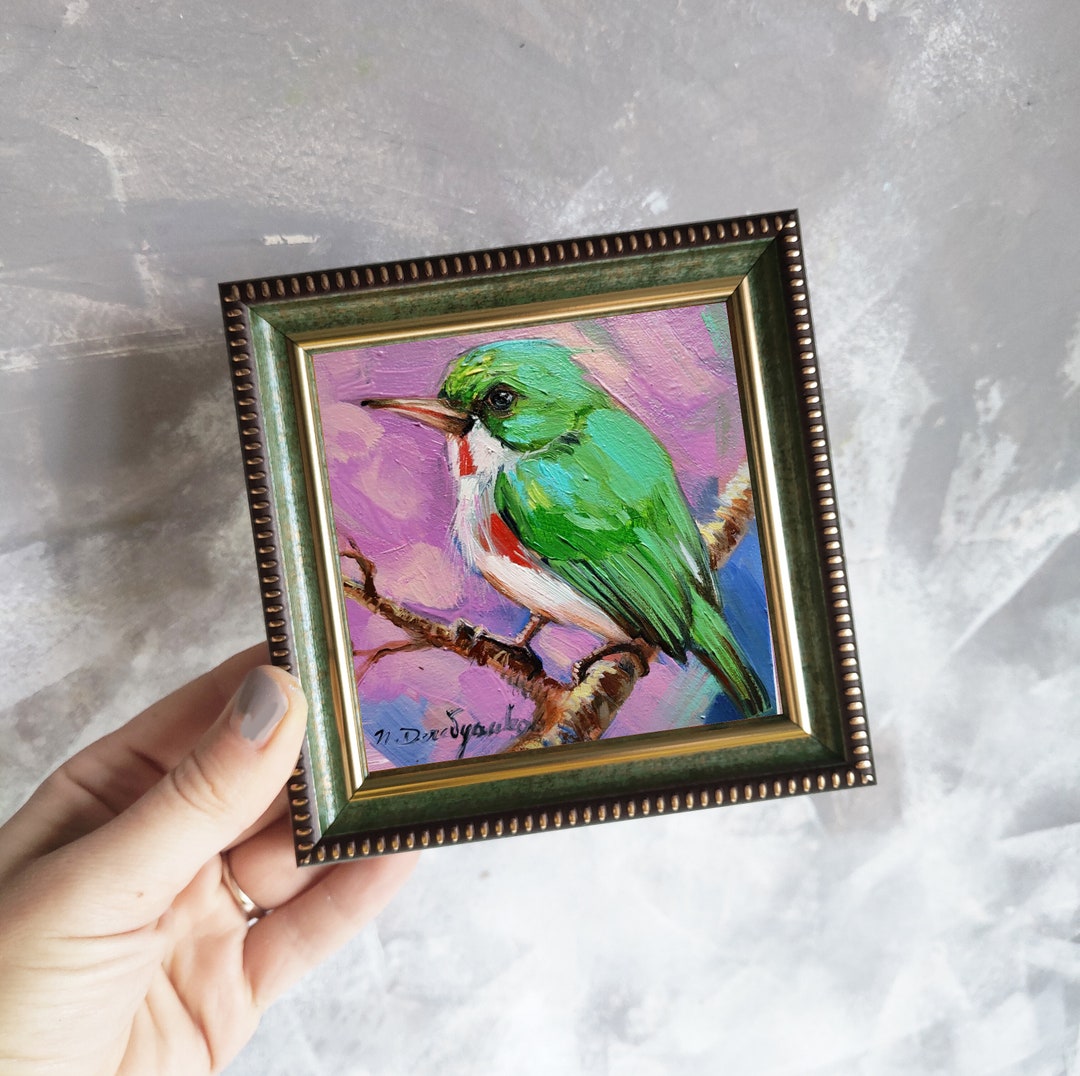 Chartreuse Bird Painting Original 4x4 Green Art Miniature in Gold Frame ...