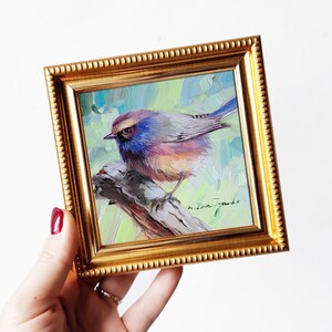 Little Bird Painting Oil Original Small Art Framed in Blue Green Gold ...