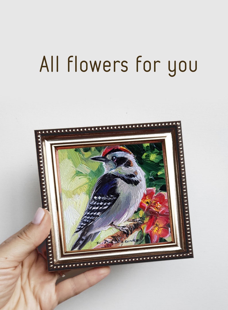 Bird Oil Painting Original 4x4 Small Wall Art Decor, Woodpecker Bird on ...
