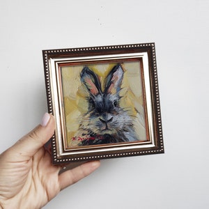 Cute Rabbit Painting Original Framed 4x4, Small Framed Art Black Rabbit ...