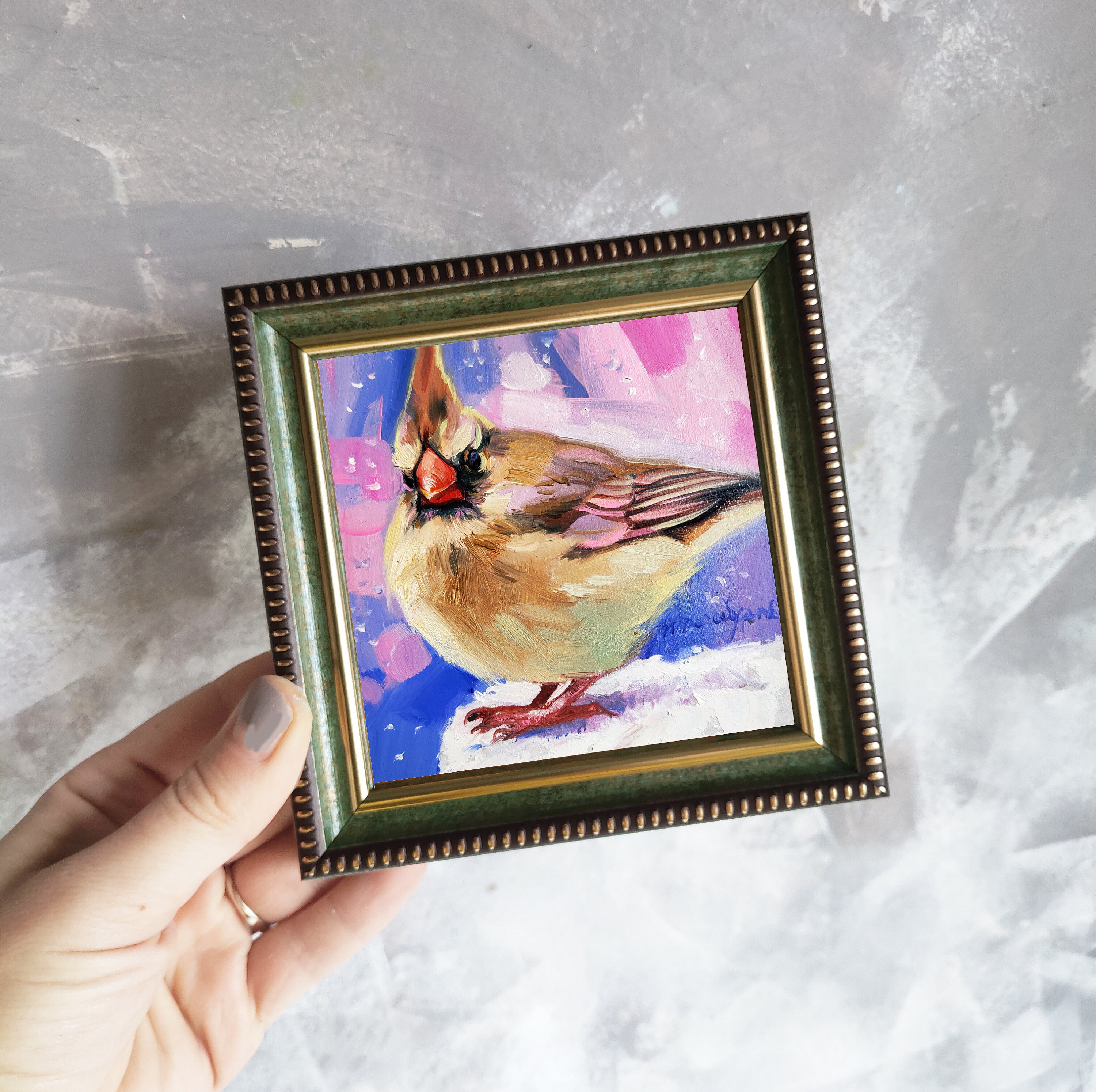 Cardinal Bird Art Painting Original, Christmas Gift Small Picture Frame ...