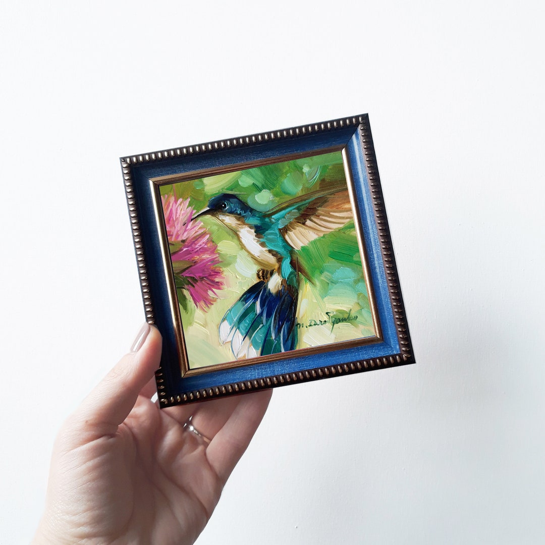 Hummingbird Painting Original Oil Art 4x4 in Blue Frame Bird - Etsy