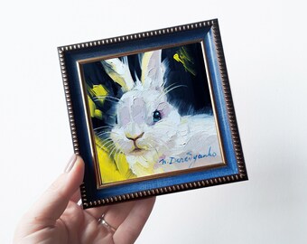 Cute Rabbit Painting Original Oil Framed 4x4 Small Animal Art - Etsy