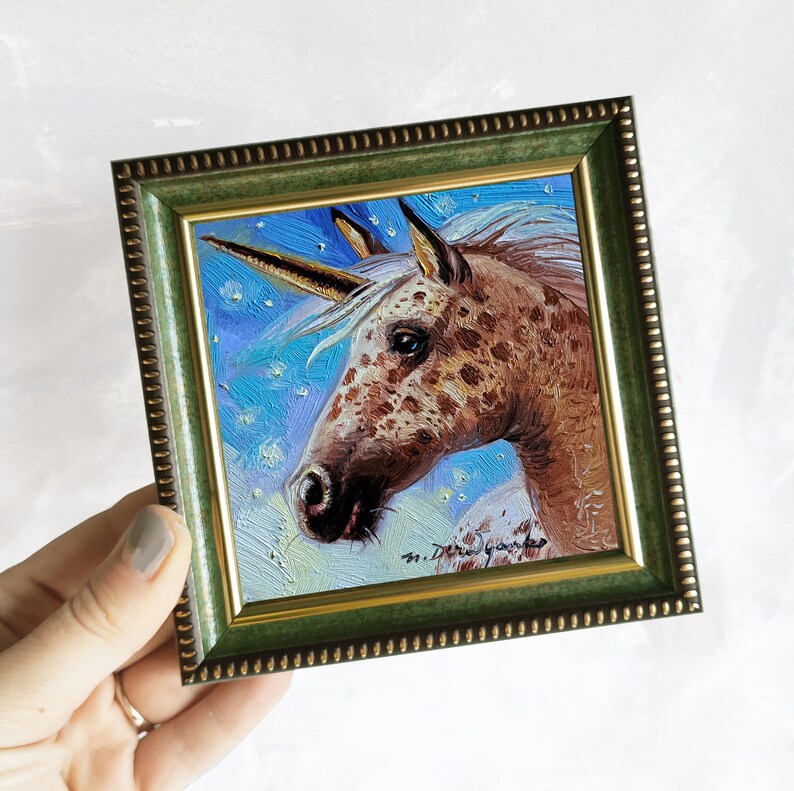 Unicorn Oil Painting Original, Small Animal Painting 4x4 Framed Artwork ...