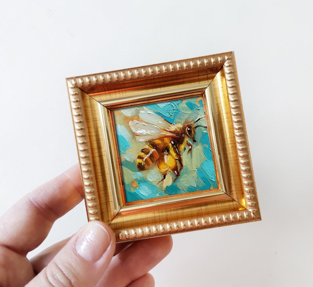 Bee Painting Oil Original 2x2, Mini Bee Artwork Turquoise Framed, Honey ...
