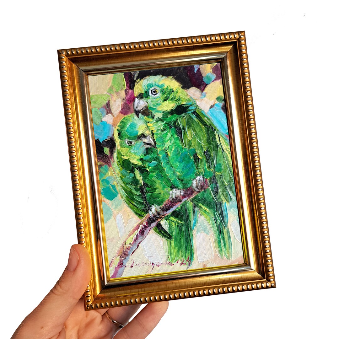 Two Parrots Oil Painting Original Framed, Green Bird Couple Artwork ...