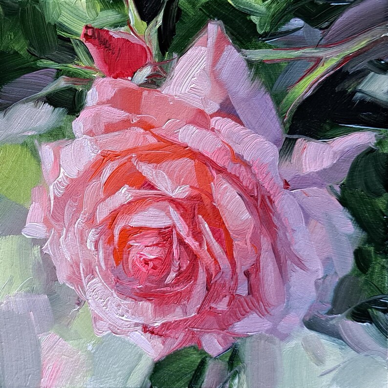Original Oil Painting Rose Bud, Pink Floral Art, 4x4 Inch Miniature ...