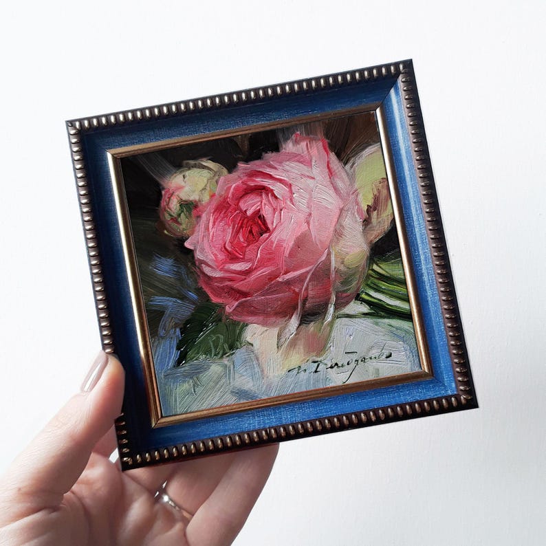 Rose Painting Original Pink Art 4x4, Small Oil Painting Flower Vibrant ...