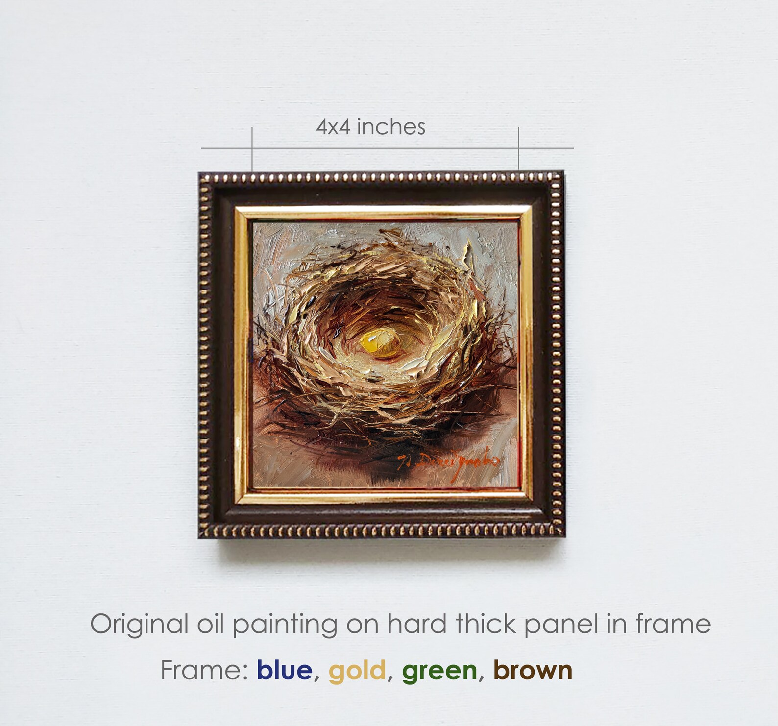 Nest Oil Painting Original 4x4 in Frame Gold Bird Egg Unique - Etsy