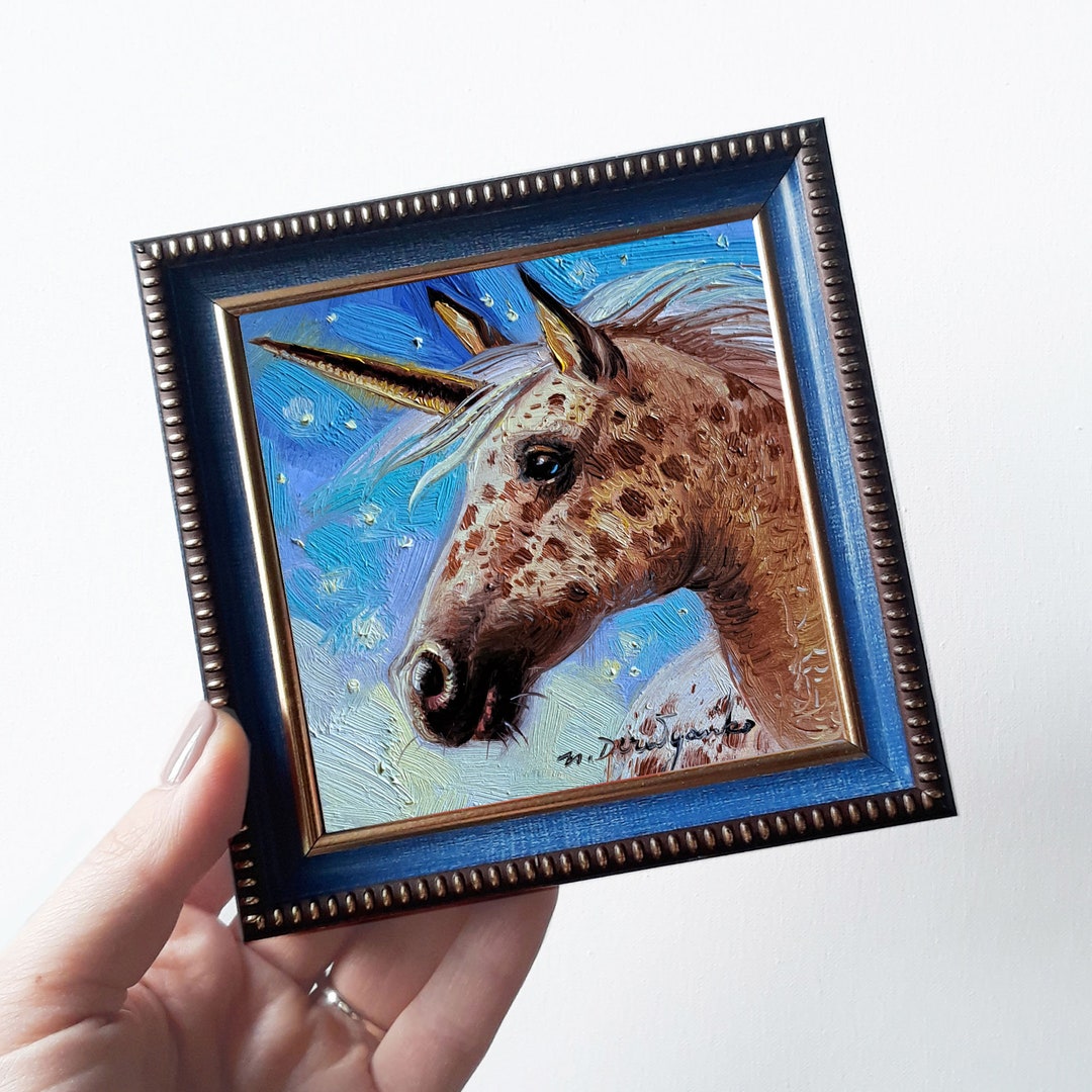 Unicorn Oil Painting Original, Small Animal Painting 4x4 Framed Artwork ...