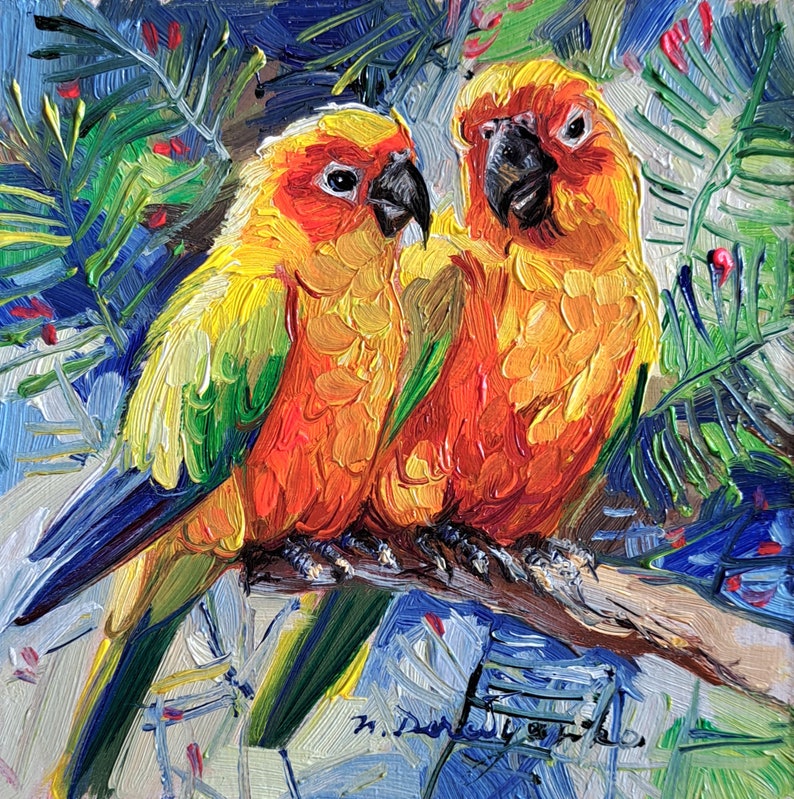 Two Parrot Birds Painting Original Oil Art Framed 5x5 Inch, Couple Love ...