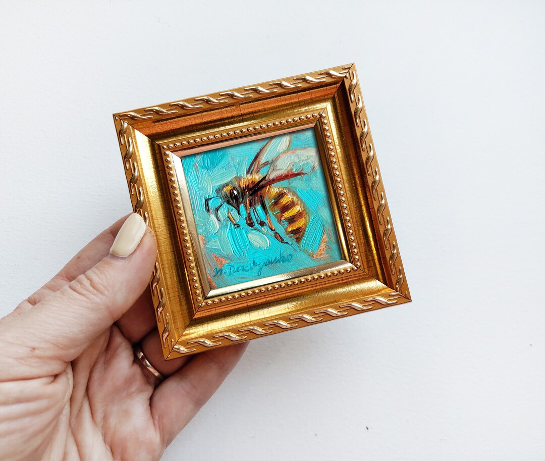 Turquoise Bee Mini Dipinto Originale, Bee Oil Art Tiny Painting, Bee ...