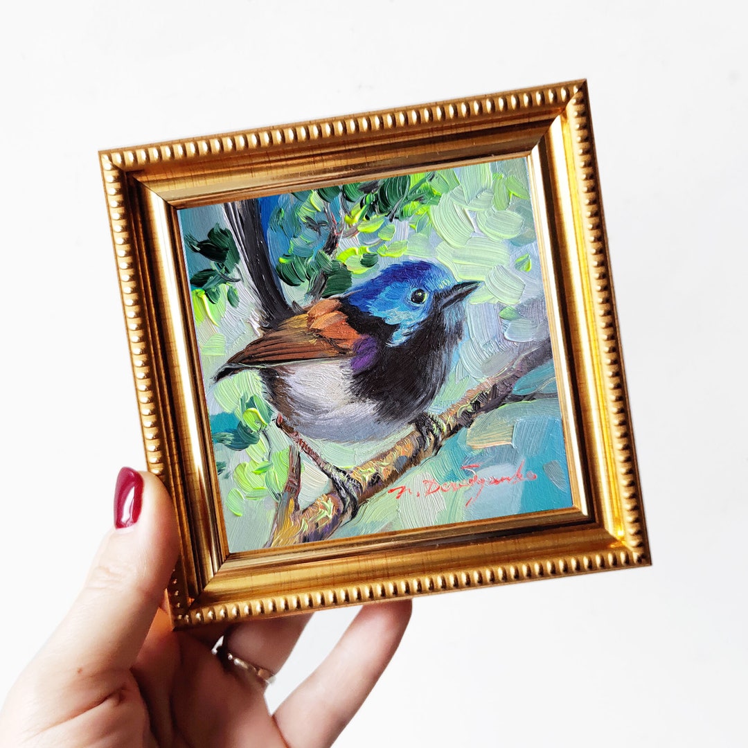 Fairywren Art Bird Oil Painting Original 4x4, Miniature Bird Art Small ...