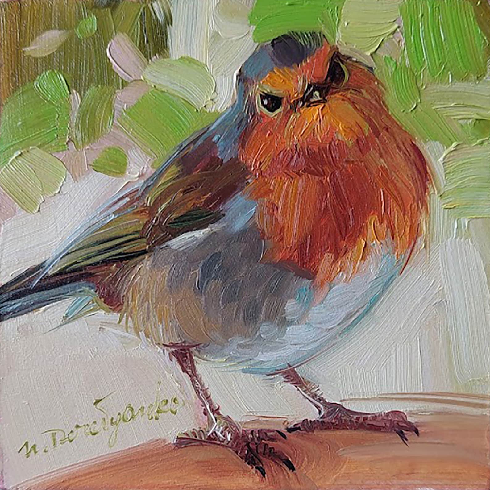 Cute Painting Robin Bird Oil Art Original Birding Artwork, Miniature ...