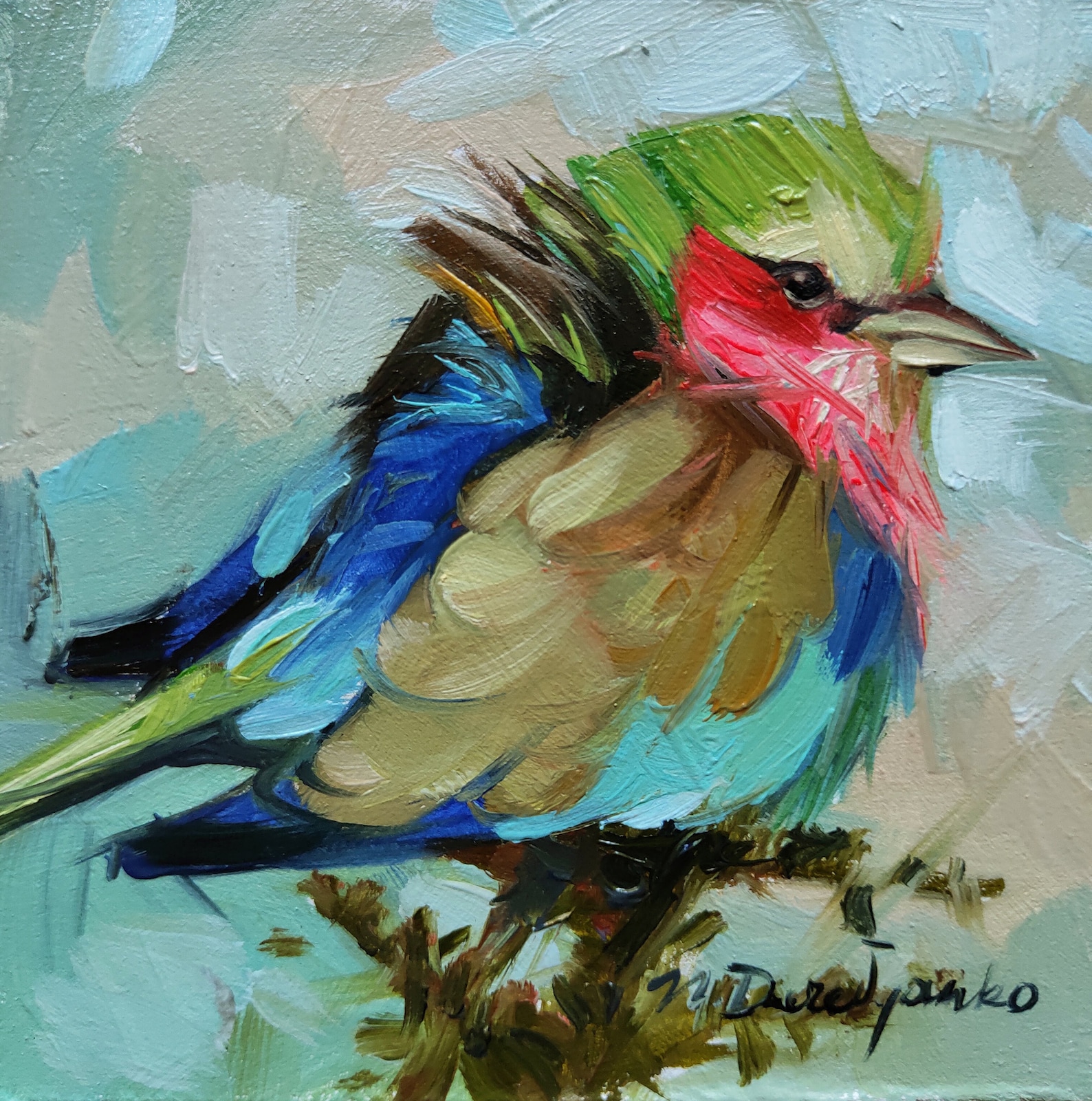 Original Bird Painting 4x4, Colorful Small Bird Art Picture in Blue ...