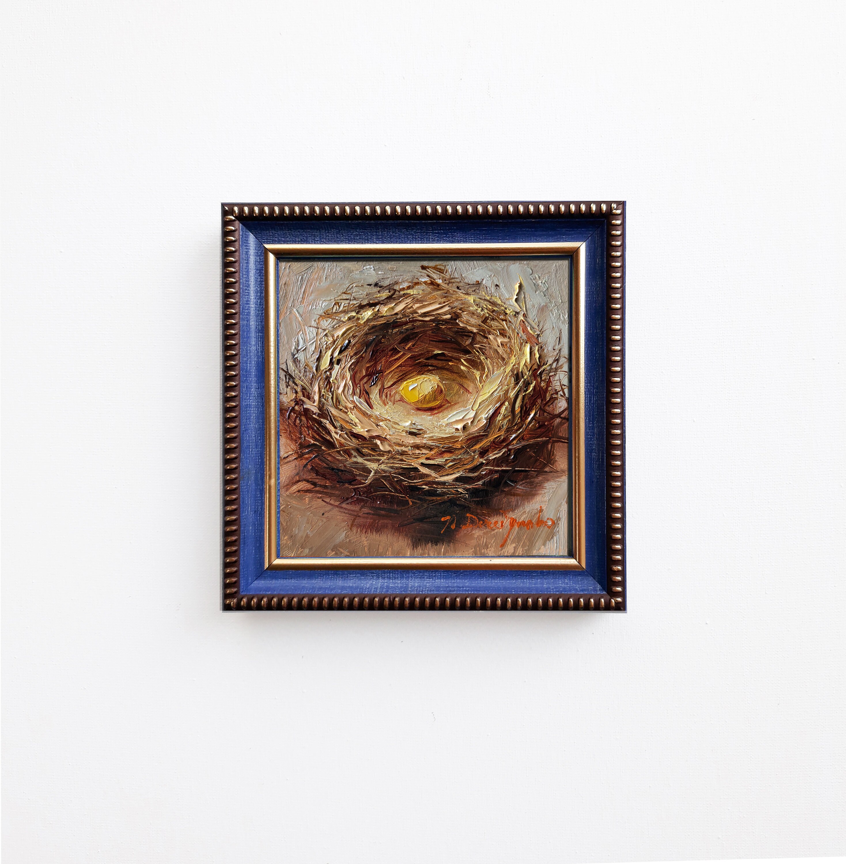 Nest oil painting original 4x4 in frame Gold bird egg unique | Etsy