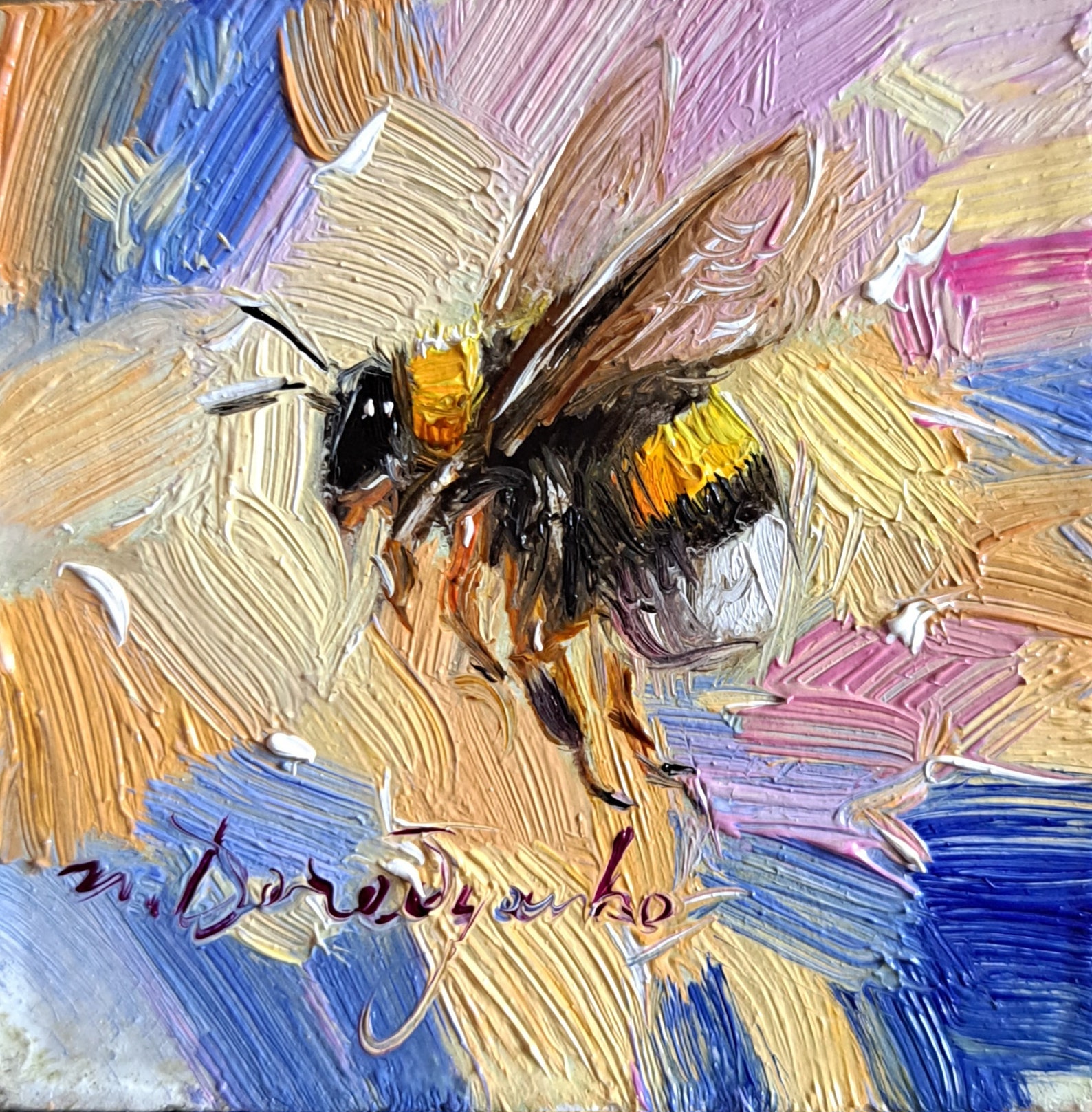 Bee Painting Oil Original 2x2, Mini Bee Artwork Turquoise Framed, Honey ...
