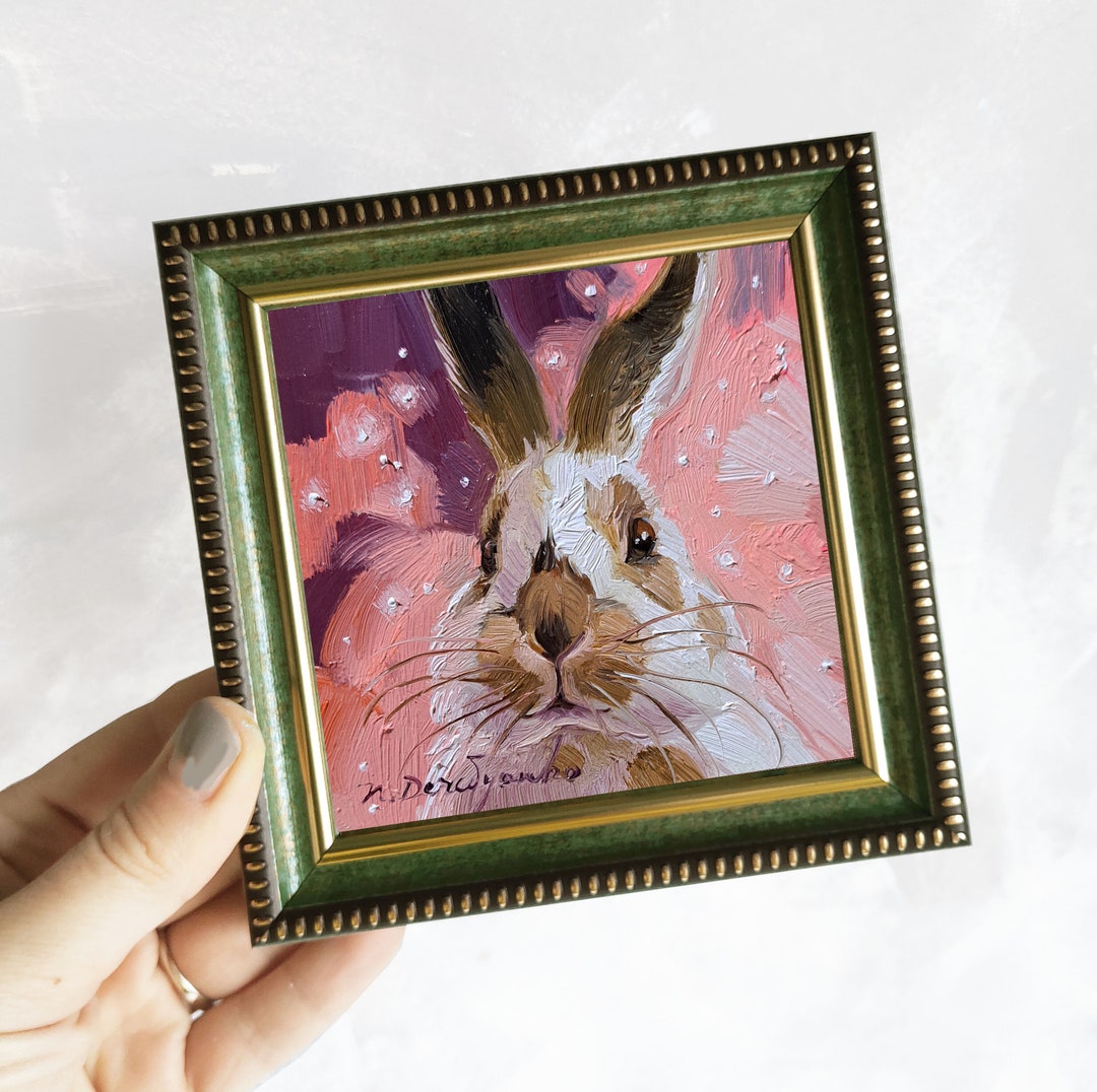Beige White Rabbit Painting Original Pink Backgroung Art Framed 4x4 ...
