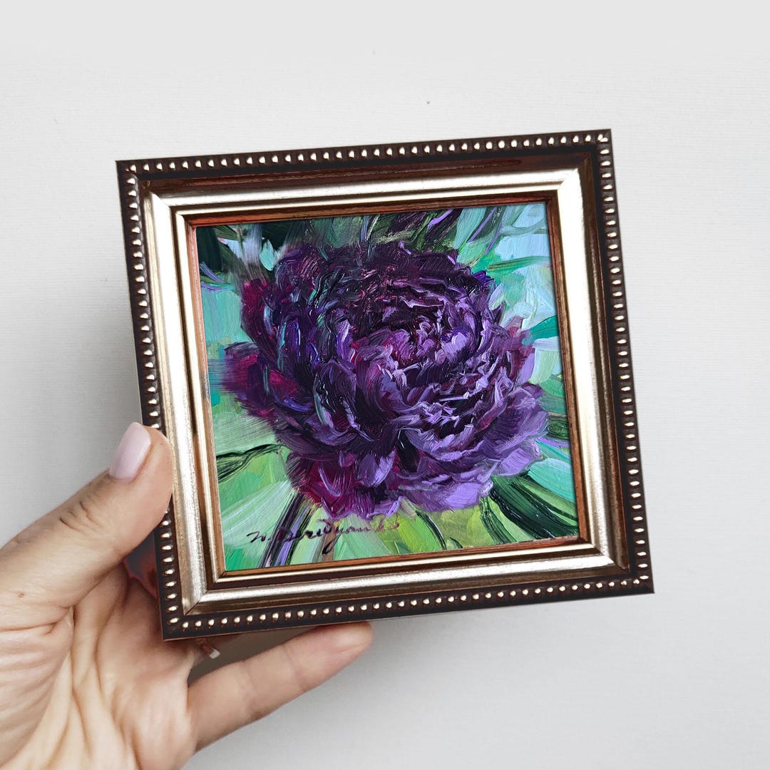 Black Peony Oil Painting 4x4 Flower Wall Art Original, Birthflower Gift ...