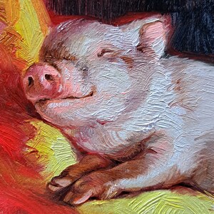 Cute Pig Oil Painting Original Art Sleeping 4x4, Animal Small Painting ...