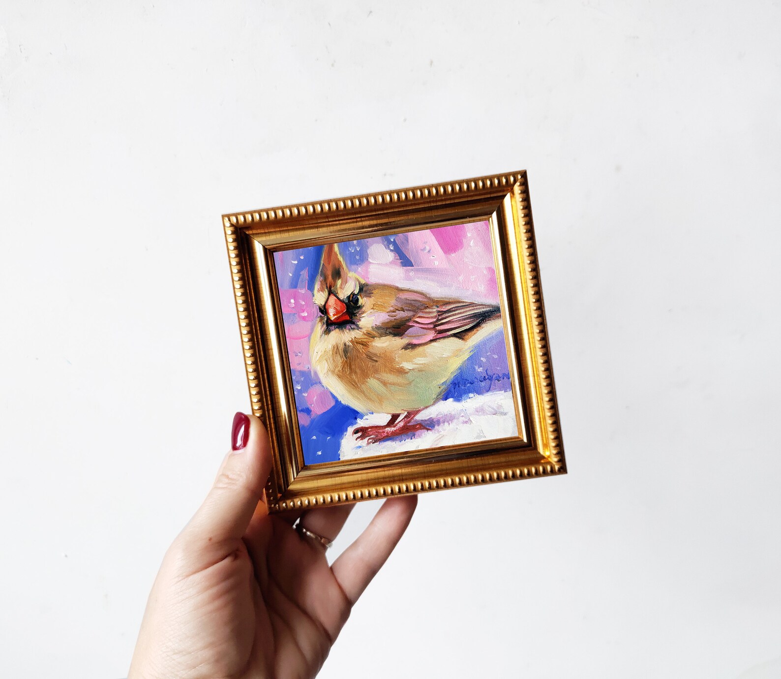 Cardinal Bird Art Painting Original, Christmas Gift Small Picture Frame ...