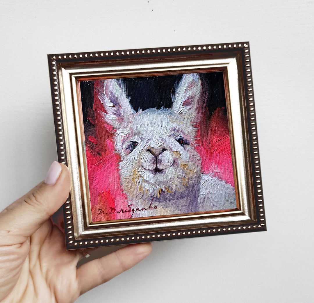 Lama Alpaca Painting Original Frame 4x4, Hot Pink Canvas Art Small Oil ...