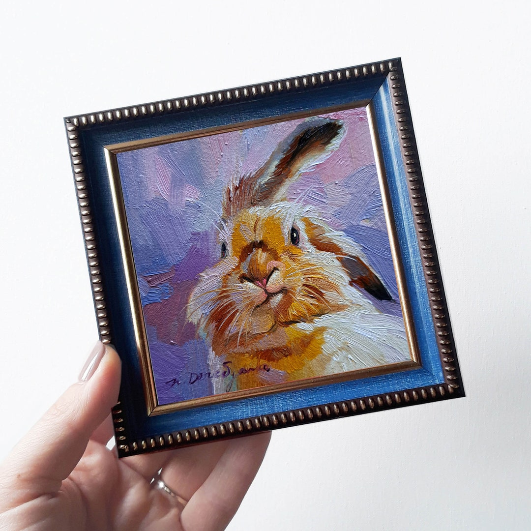 Cute Rabbit Oil Painting Original Art 4x4, Rabbit Face Animal Oil ...