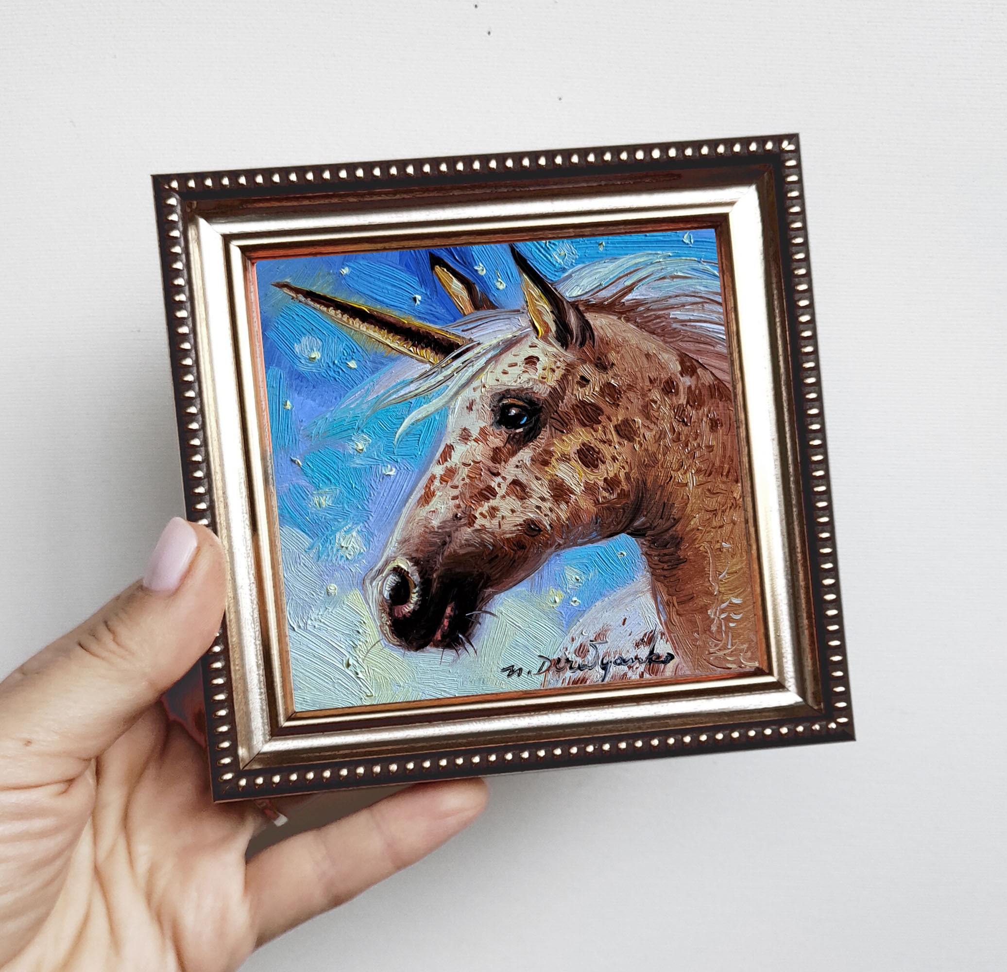 Unicorn Oil Painting Original, Small Animal Painting 4x4 Framed Artwork ...