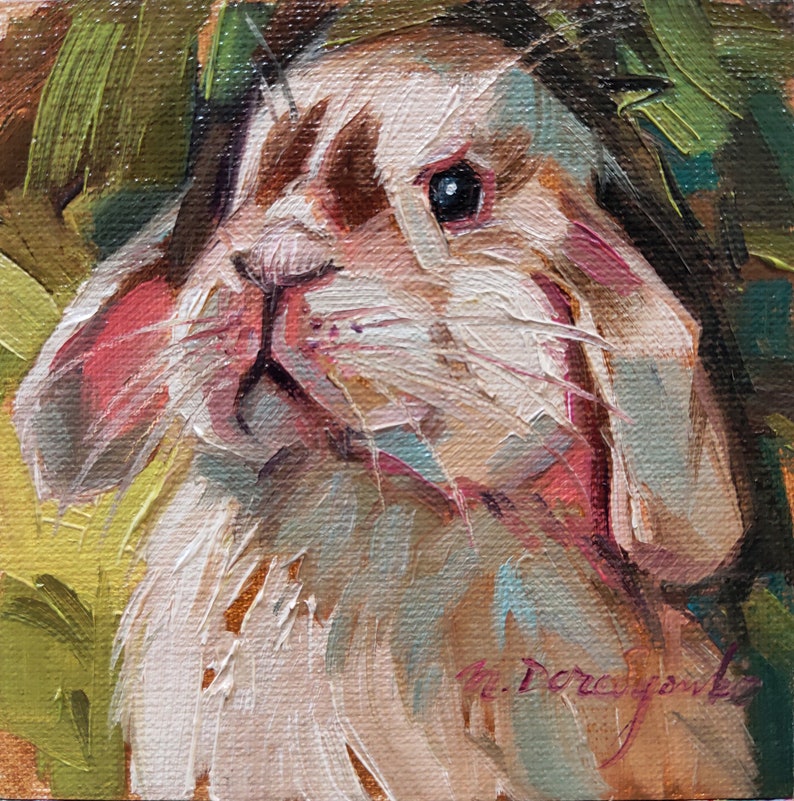 Funny rabbit oil painting original art 4x4 Pet portrait | Etsy