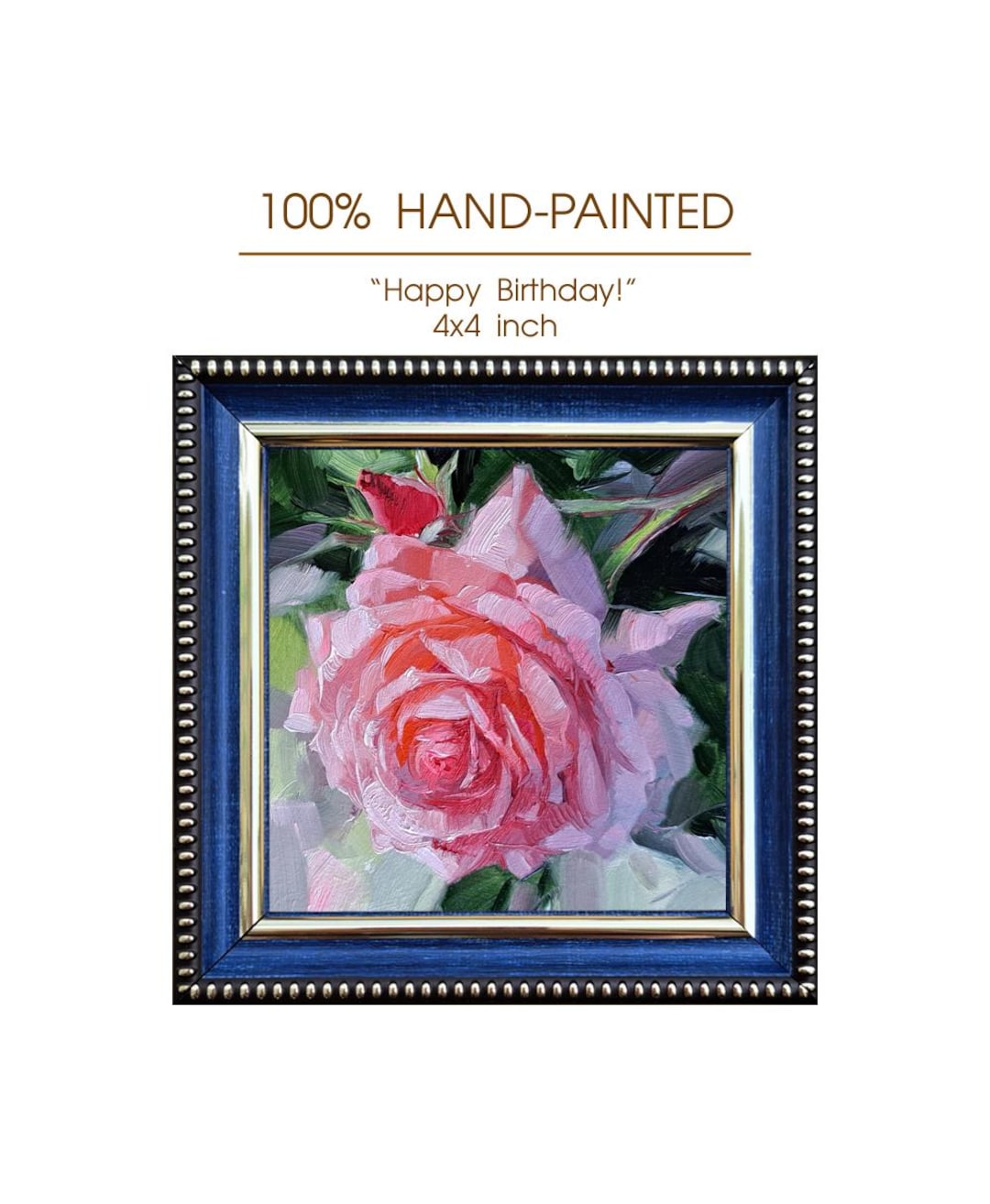 Original Oil Painting Rose Bud, Pink Floral Art, 4x4 Inch Miniature ...