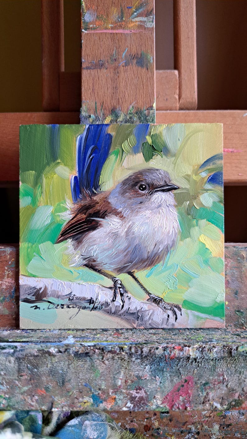 Fairywren Art Bird Oil Painting Original 4x4, Miniature Bird Art Small ...