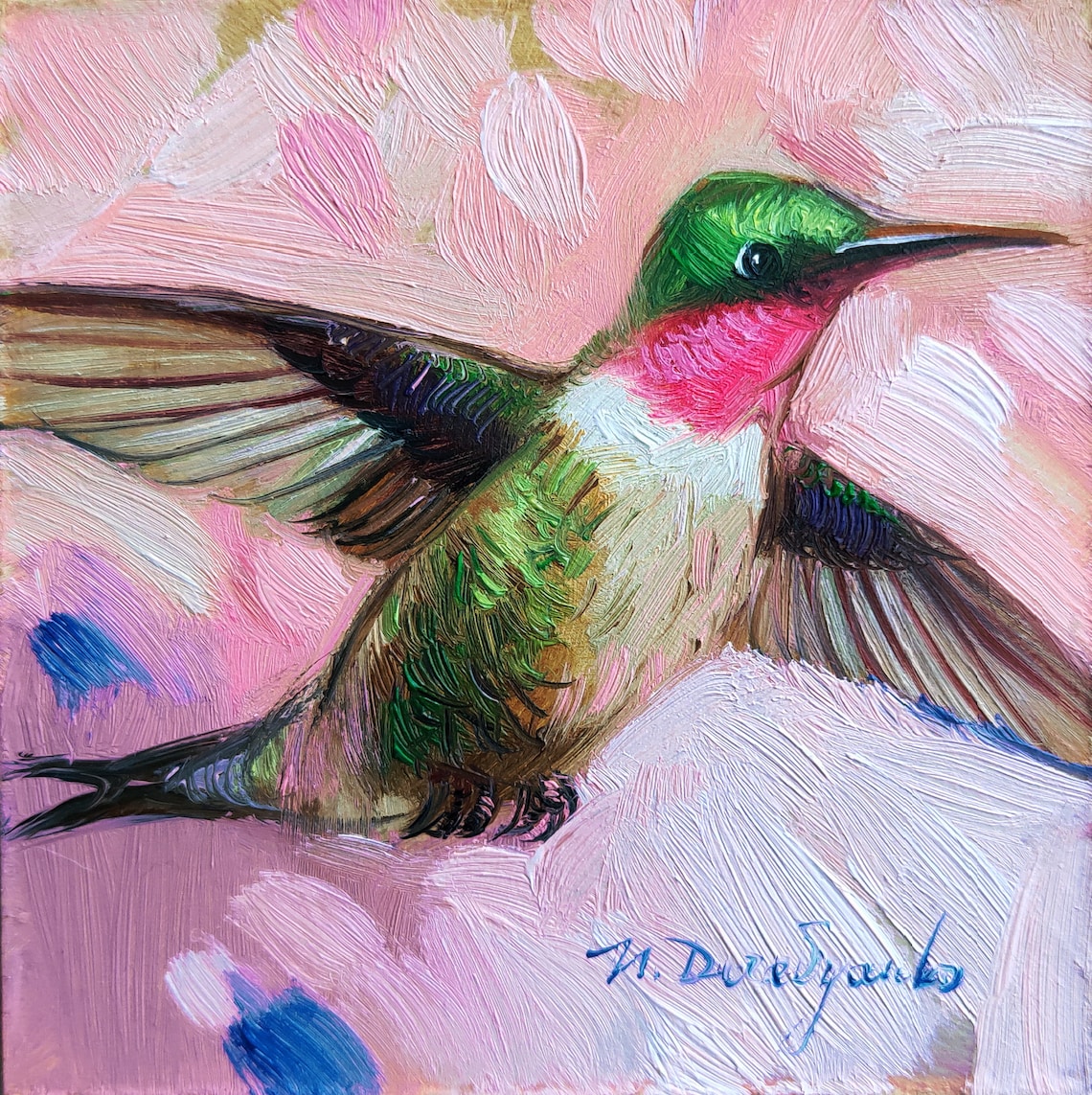Hummingbird painting original oil art framed 4x4 Ruby | Etsy