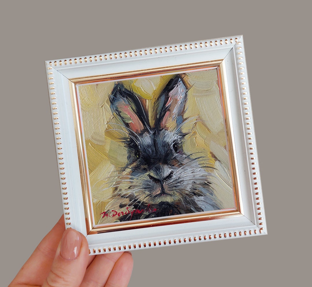 Cute Rabbit Painting Original Framed 4x4, Small Framed Art Black Rabbit ...