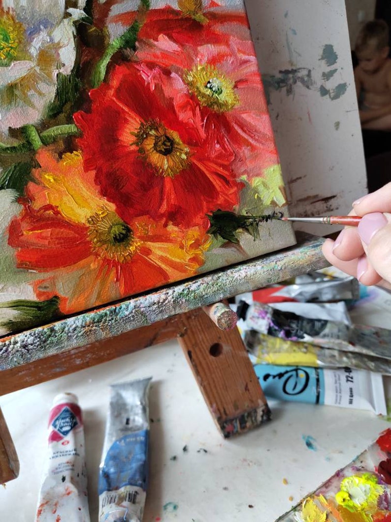 Poppy painting original art on canvas 8x8 Red flower oil | Etsy