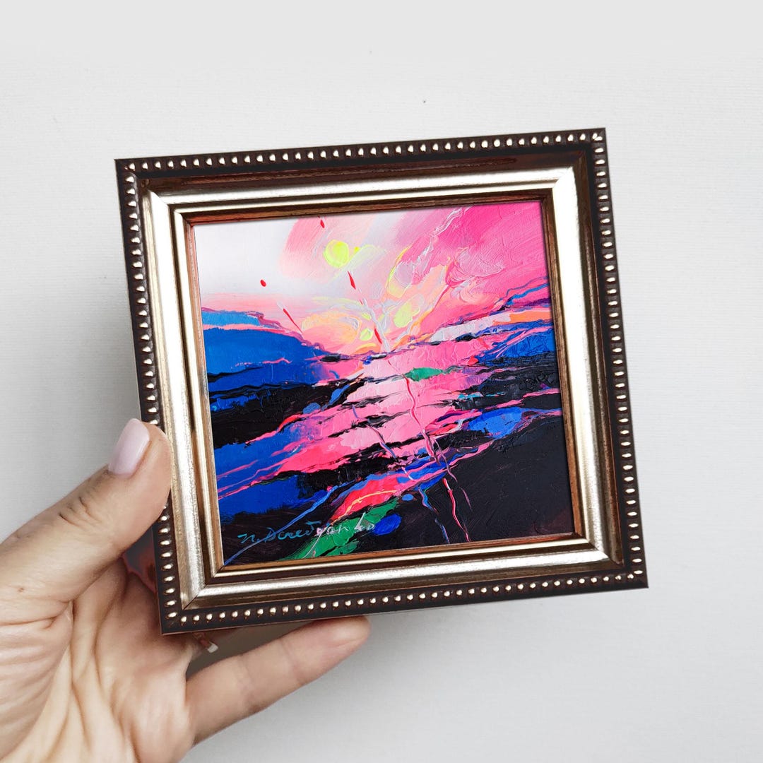 Small Painting Original in Frame Artwork 4x4, Miniature Paintings Pink ...
