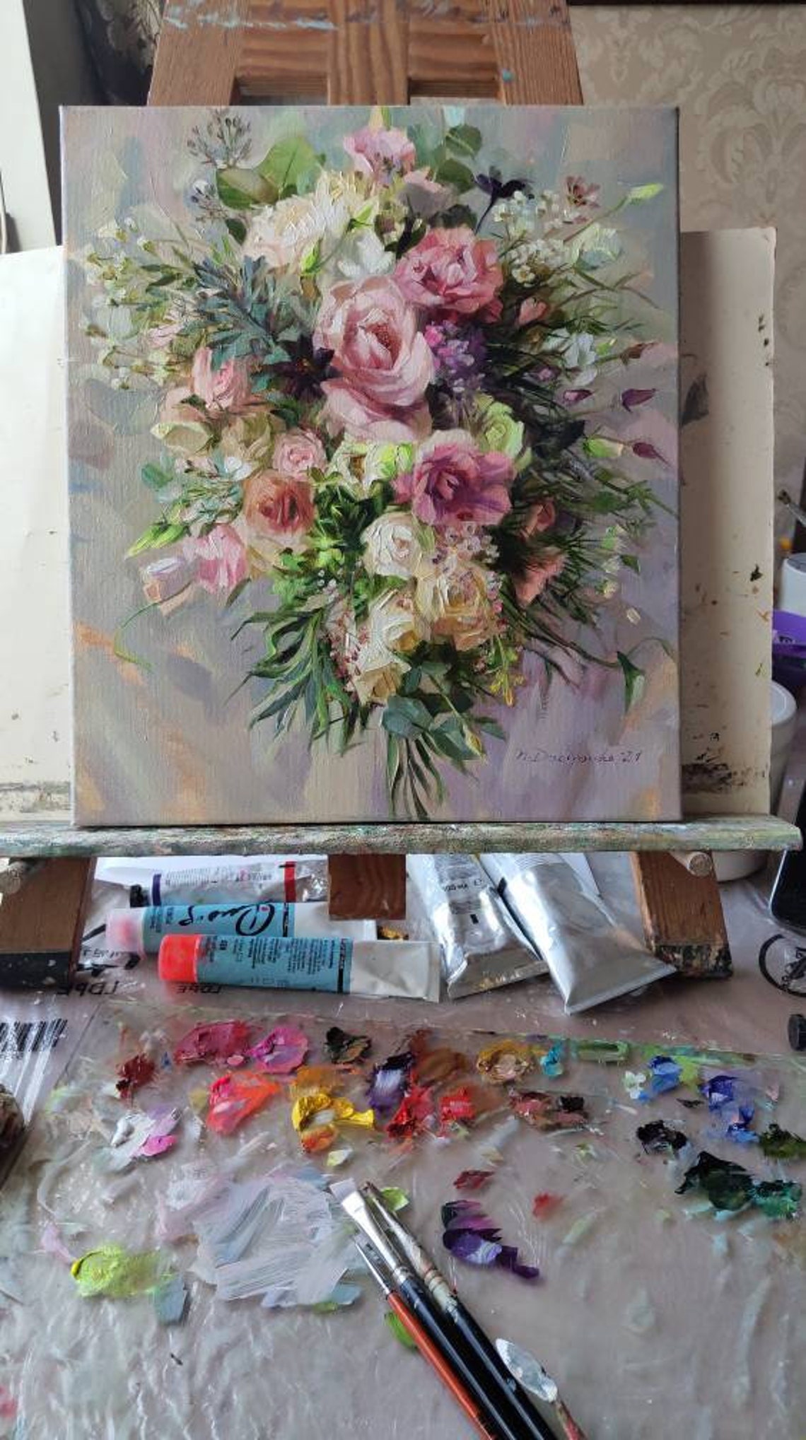 Bridal flowers portraits painting canvas original art Custom | Etsy