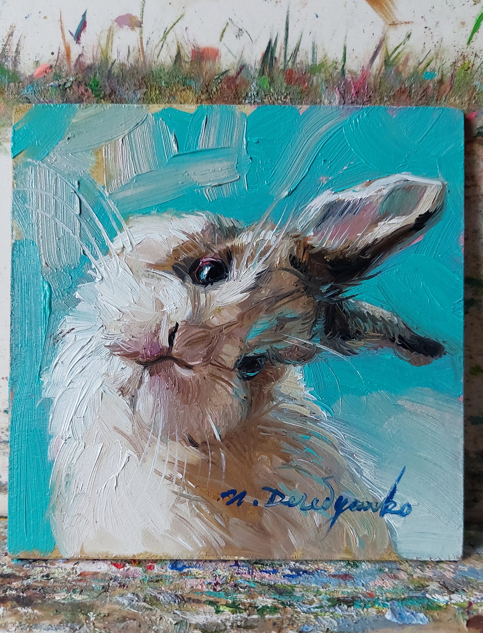 Cute Rabbit Oil Painting Original Art Turquoise 4x4 Animal - Etsy