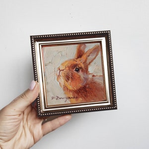Cute Rabbit Painting Original Oil Framed 4x4, Small Framed Art Red ...