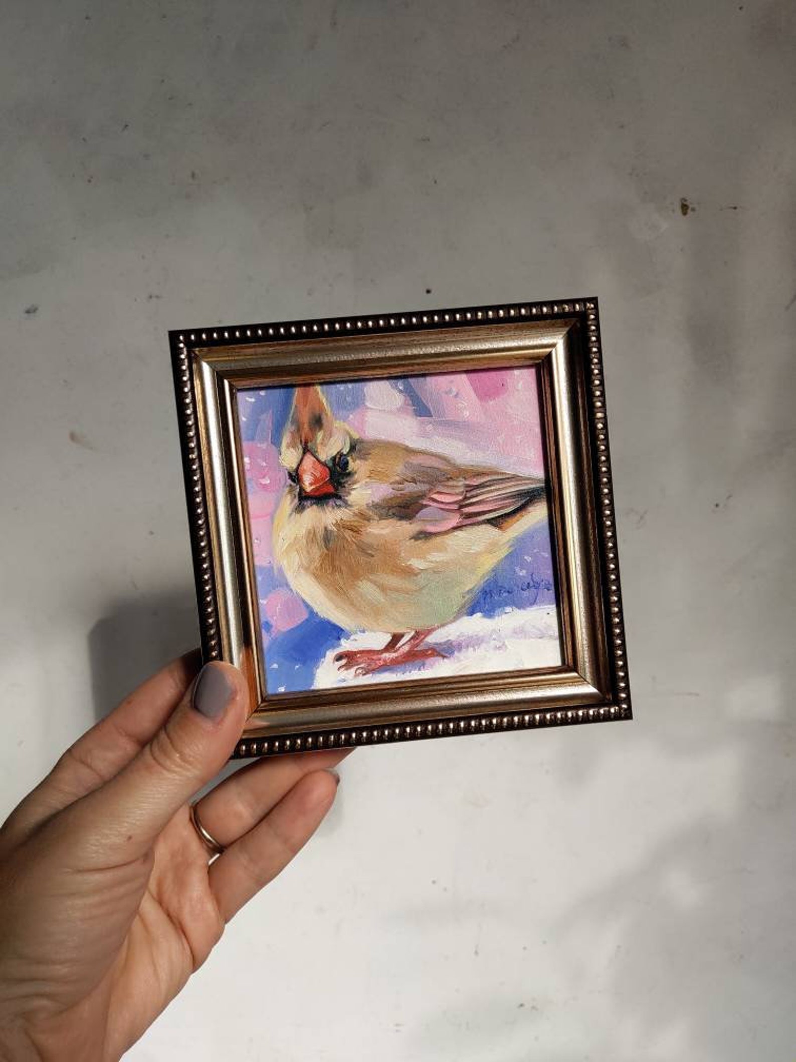 Cardinal Bird Art Painting Original, Christmas Gift Small Picture Frame ...